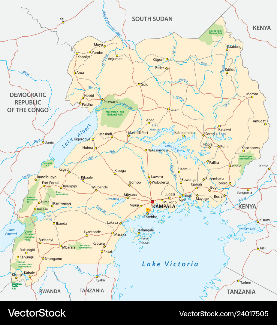 Uganda Road Map - Detailed Royalty Free Vector Image