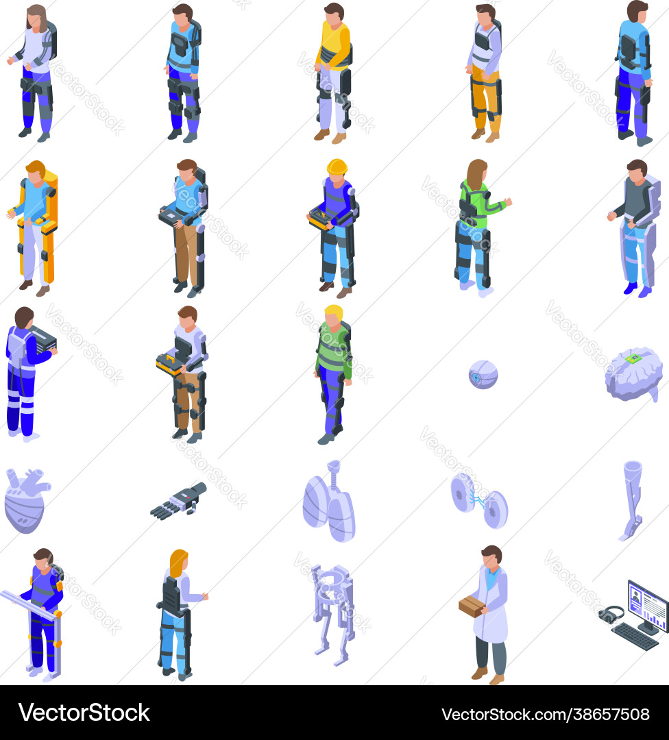Exoskeleton icons set isometric artificial Vector Image