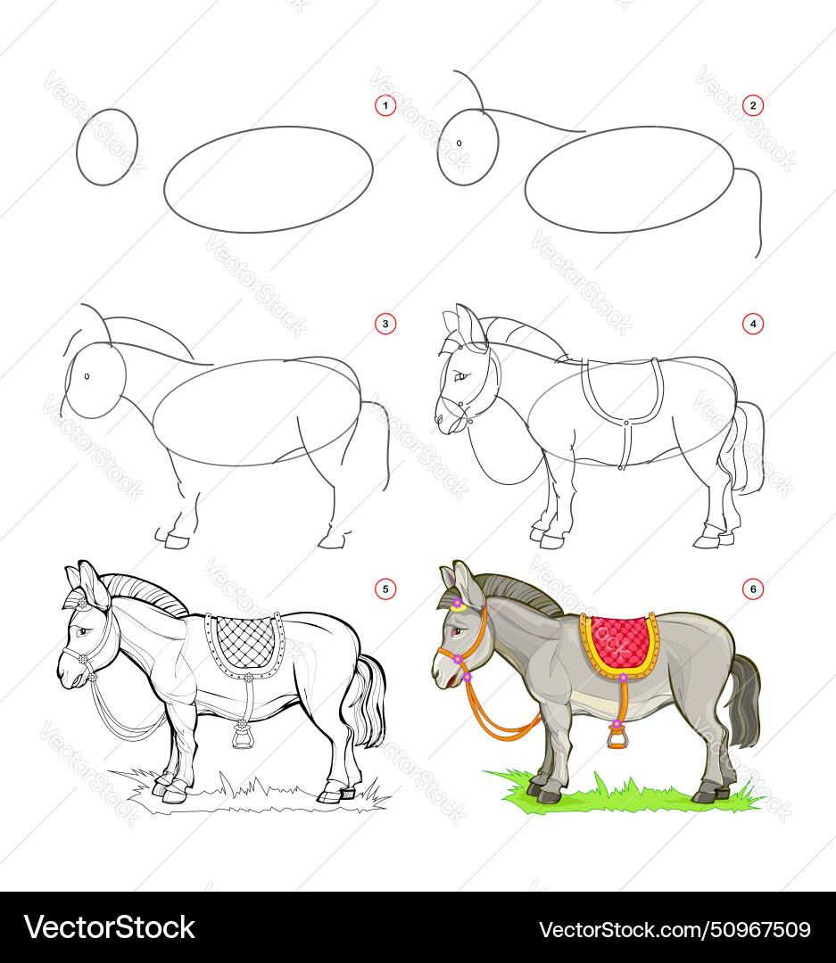 How to draw a cute little donkey educational page Vector Image