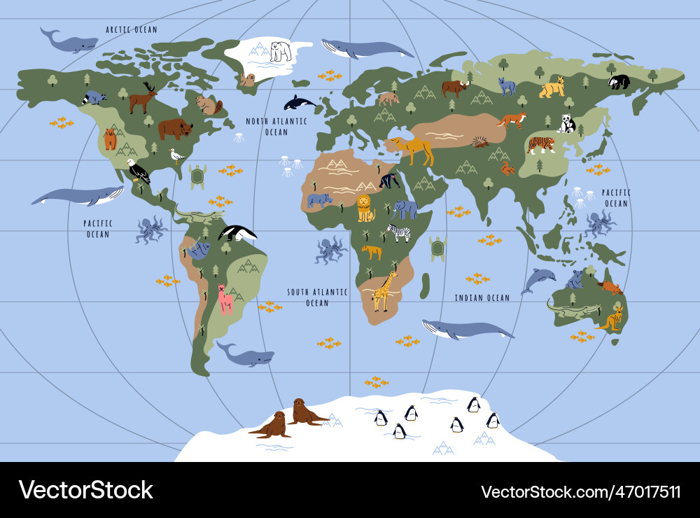 Animals world map for kids Royalty Free Vector Image