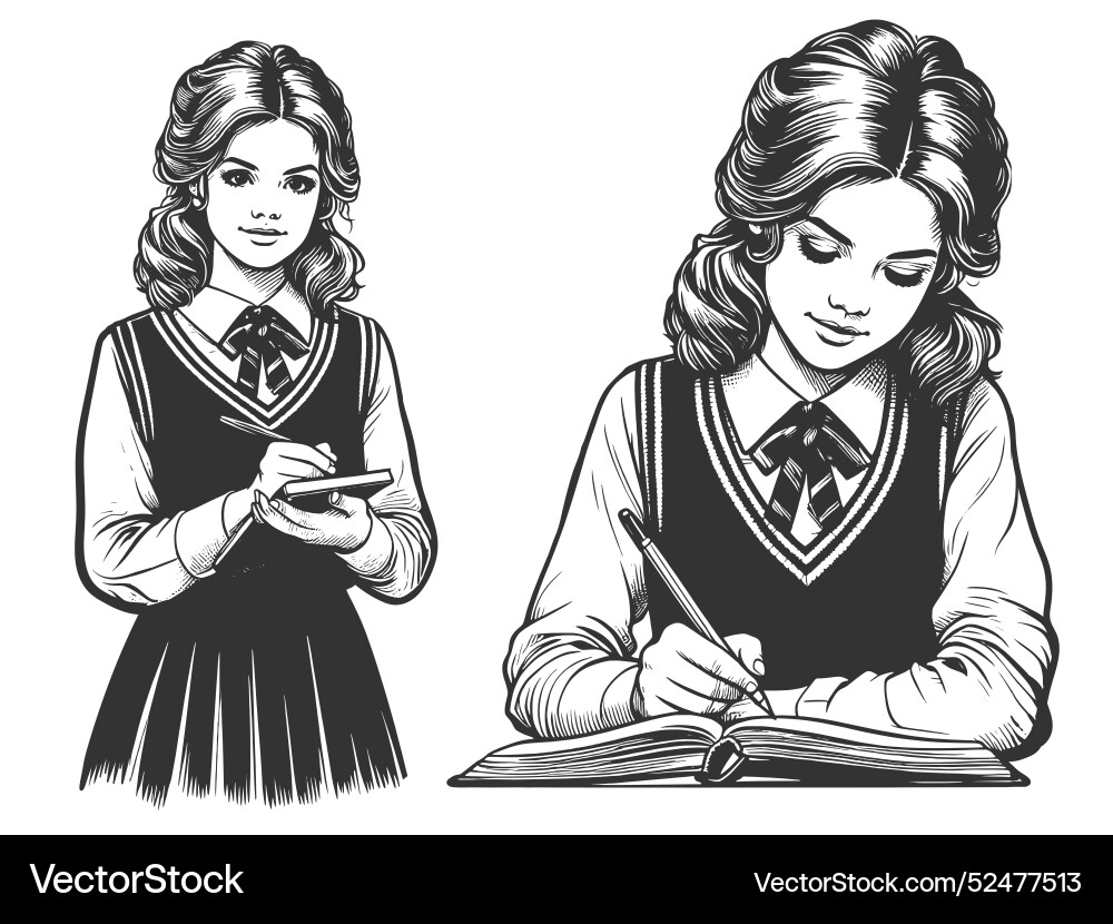 Schoolgirl writing studying Royalty Free Vector Image