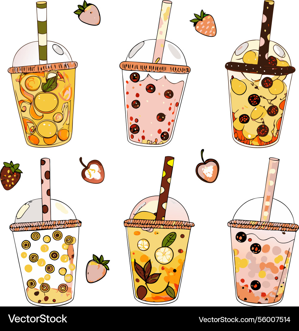 Six delicious bubble teas with fresh fruit Vector Image