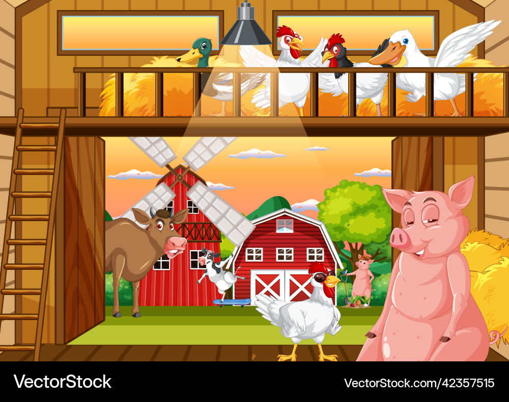 Barn indoor scene with farm animals Royalty Free Vector
