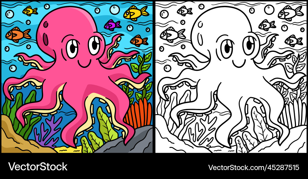 Octopus coloring page colored Royalty Free Vector Image