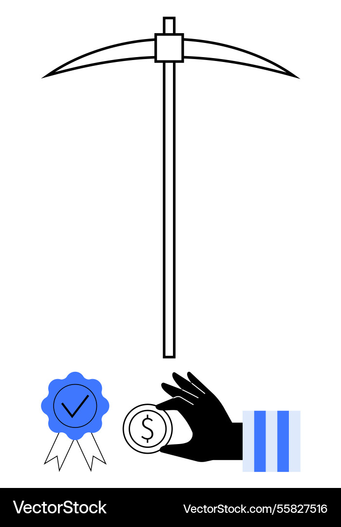 Hand holding coin pickaxe and certification Vector Image