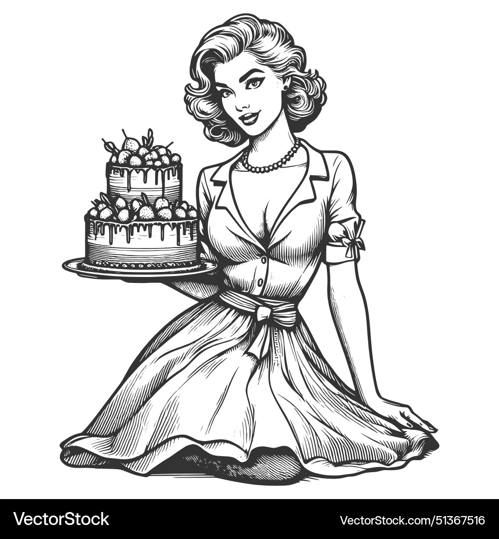 Woman presenting a layered cake engraving Vector Image