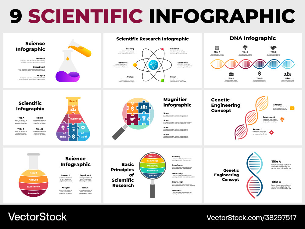 9 scientific research infographics set science Vector Image