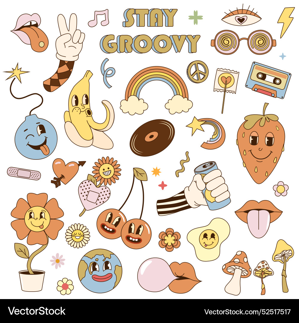 Groovy elements vintage 60s stickers Royalty Free Vector
