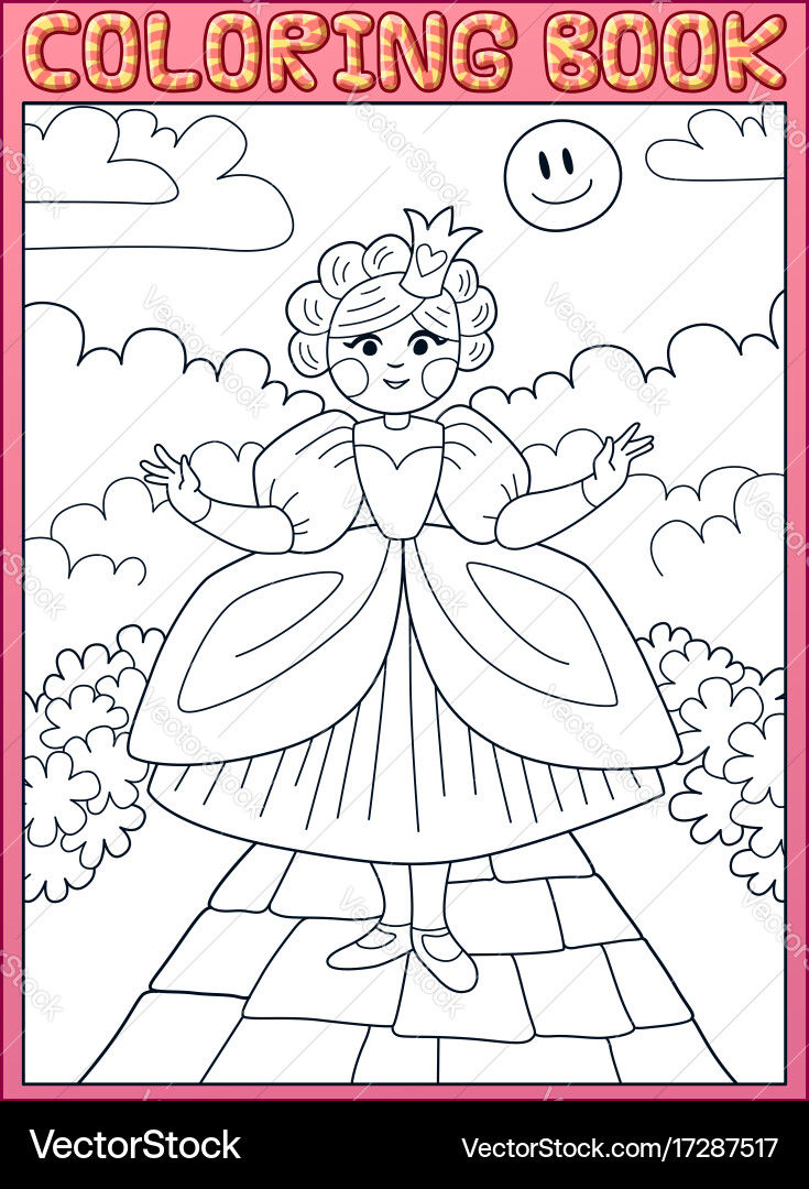 Princess on Garden Path Coloring Page Royalty Free Vector
