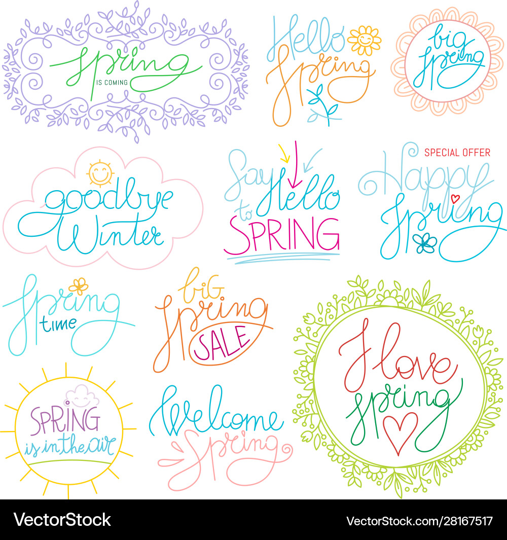 Spring time color calligraphy set Royalty Free Vector Image