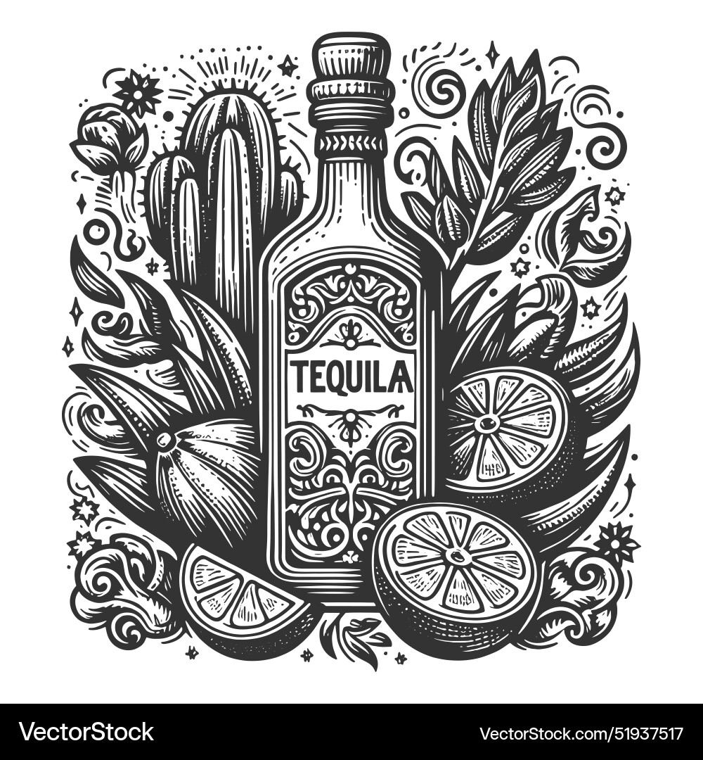 Tequila bottle with agave and lime Royalty Free Vector Image