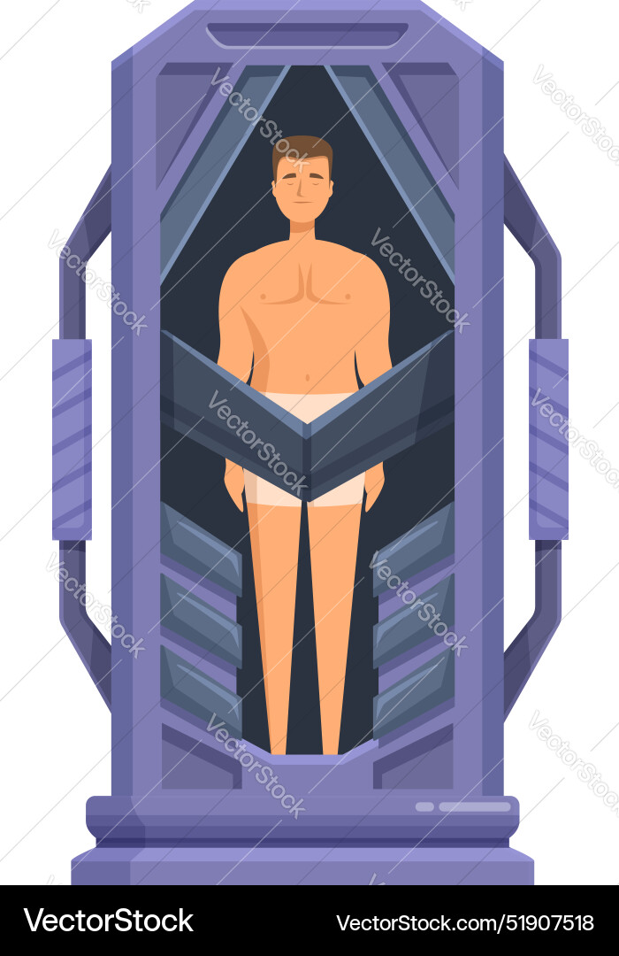 Man standing inside cryogenic chamber being frozen