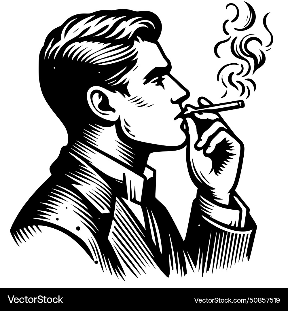 Man smokes a cigarette hand drawing vintage style Vector Image