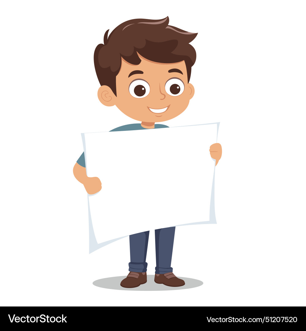Young cartoon boy holding blank sign smiling Vector Image