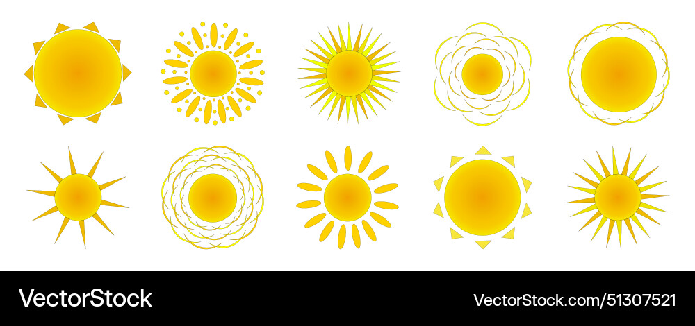 Sun with different variants of rays set Royalty Free Vector