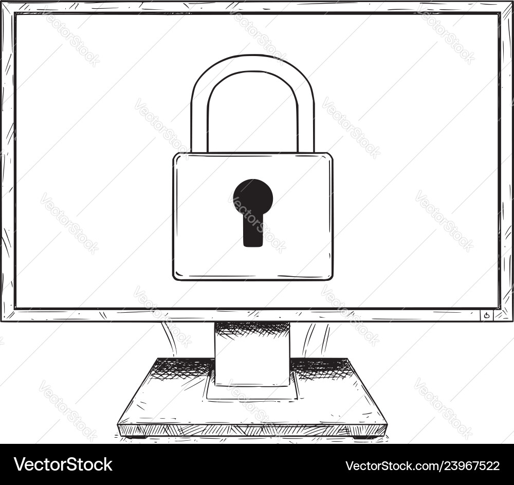 Cartoon Zeichnung von Computer-Display mit Schloss