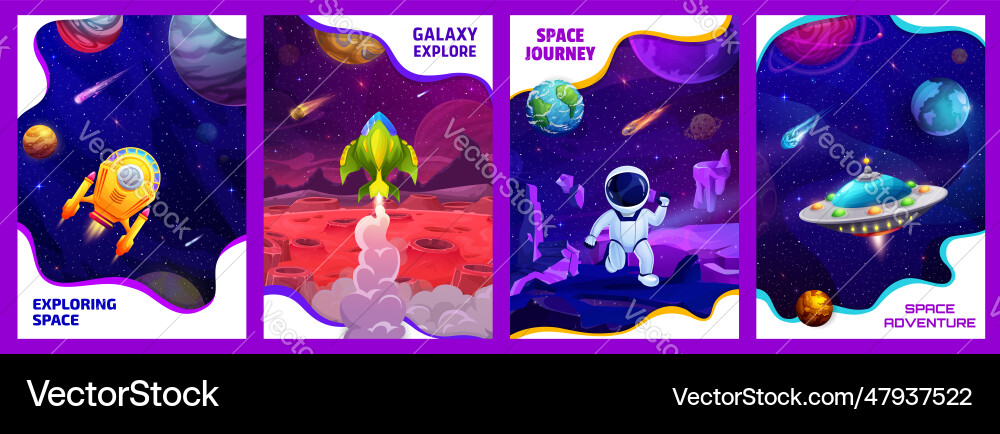 Cartoon space posters with spaceships astronaut Vector Image