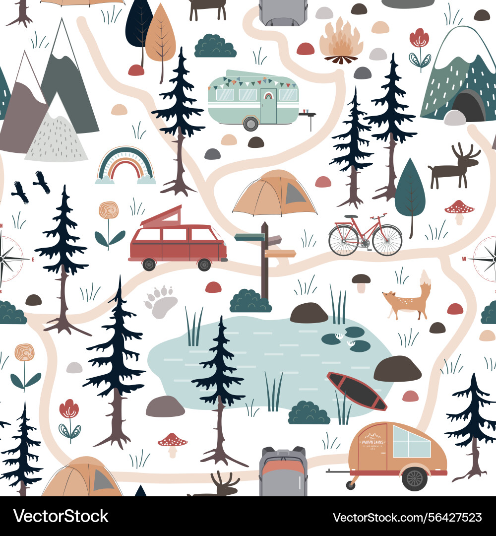 Summer forest camping adventure seamless pattern Vector Image