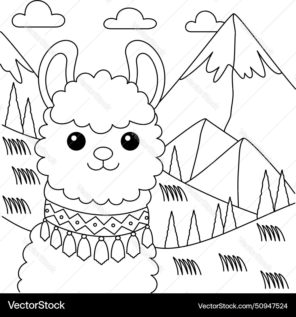 Cute kawaii llama amidst towering peaks Royalty Free Vector