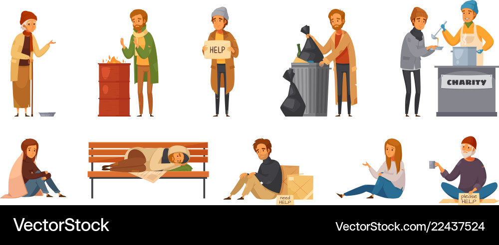 Homeless people cartoon icon set Royalty Free Vector Image