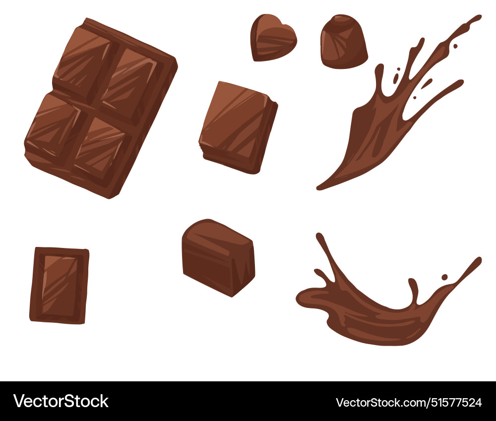 Set of chocolate bar pieces and melted Royalty Free Vector