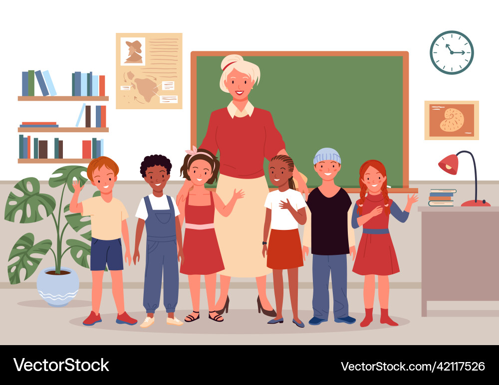 Primary school children and teacher standing – Royalty-Free Vector ...