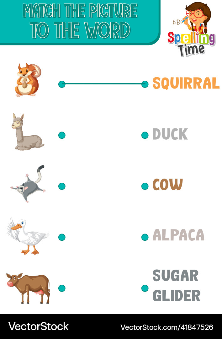 Word to picture matching worksheet for children Vector Image