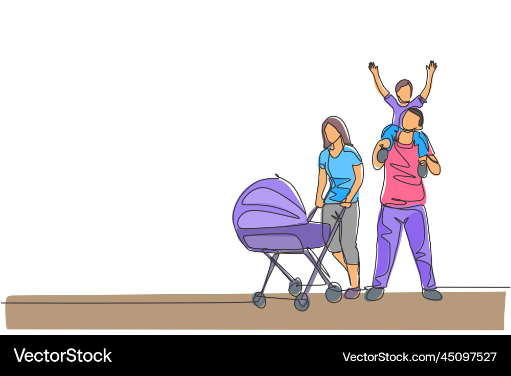 One continuous line drawing of young mom pushing Vector Image