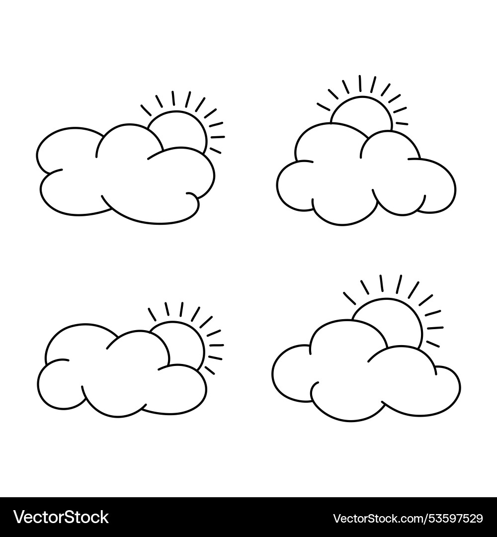 Handgezogene Wolken mit Sonnenkontur isoliert Vektorbild