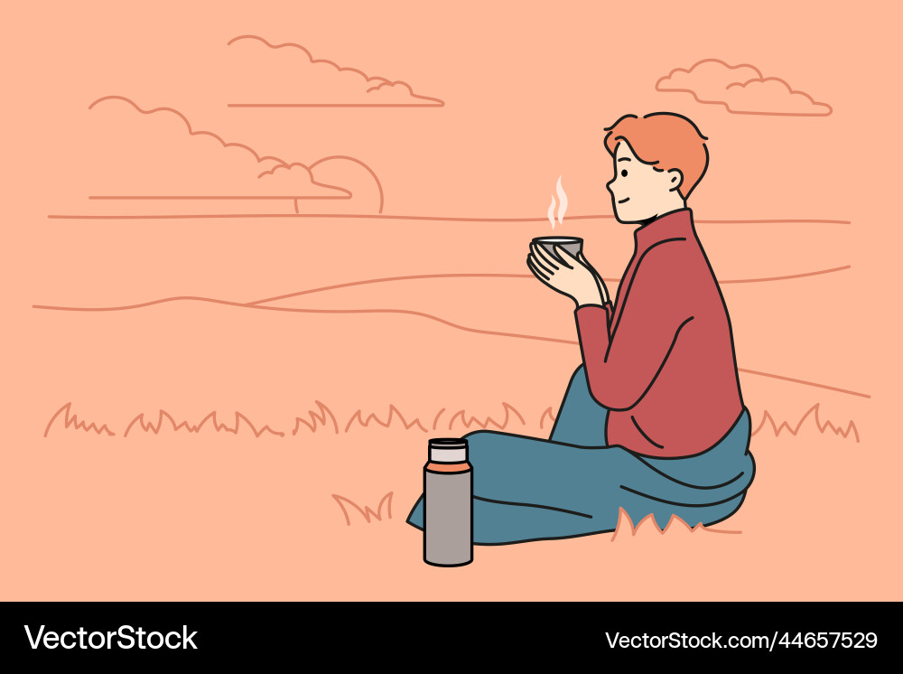 Happy man drinking tea in nature Royalty Free Vector Image
