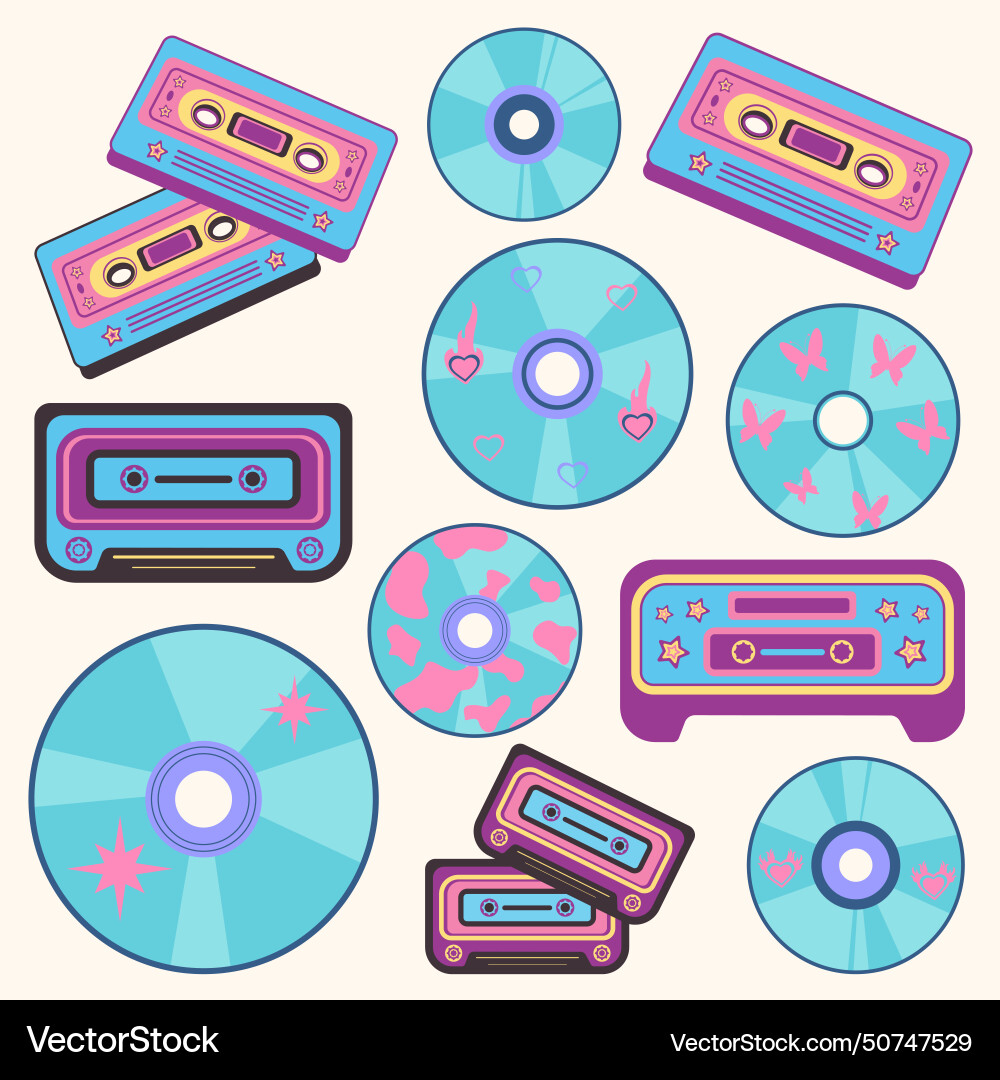 Y2k cassete and cd collection Royalty Free Vector Image