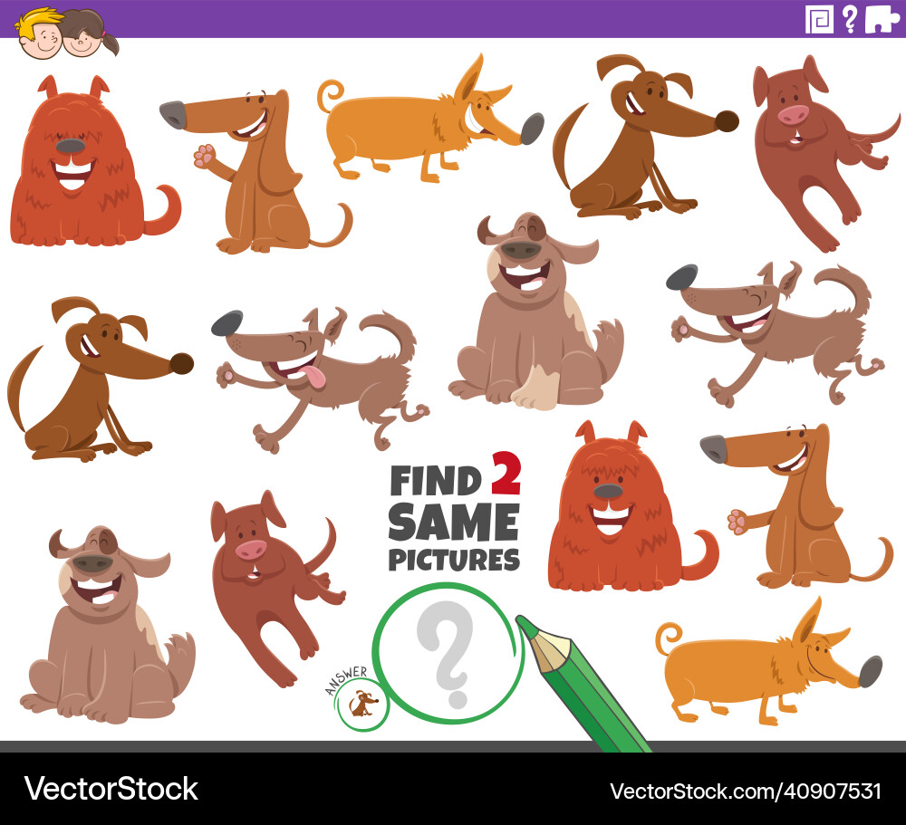 Find two same cartoon dogs educational task Vector Image