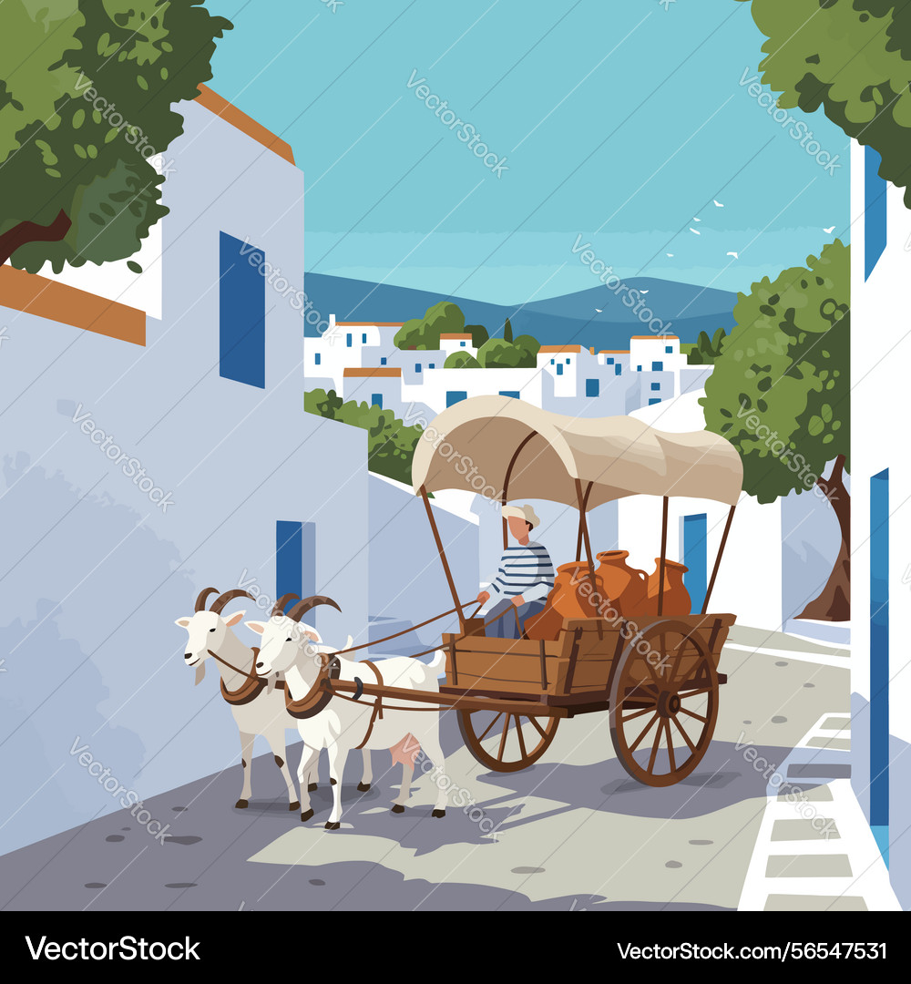 Goat cart transporting pots through charming Vector Image