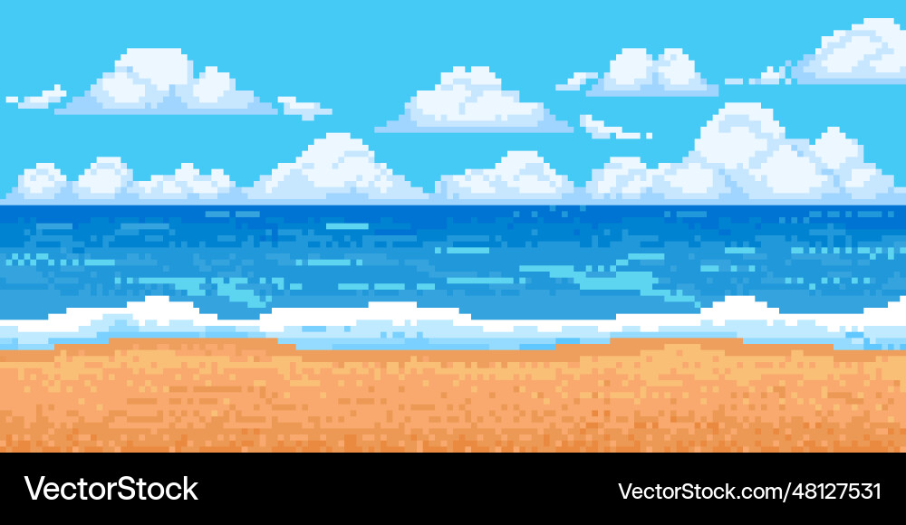 Pixel sea landscape 8-bit sun beach with wave Vector Image