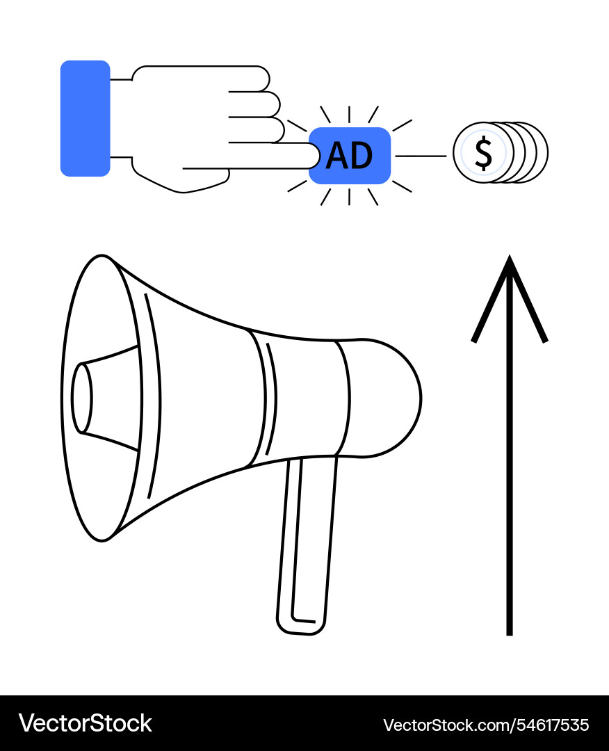 Hand pressing ad button with coins megaphone and Vector Image