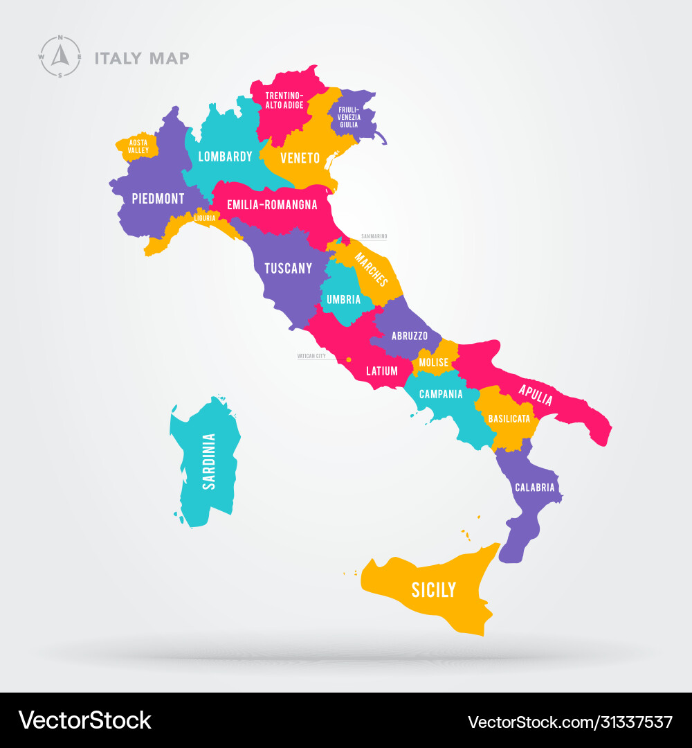 Map italy with regions and name labels Royalty Free Vector