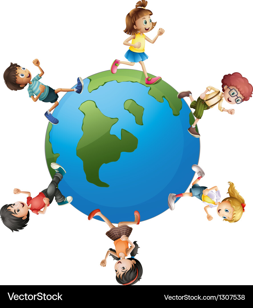 Six kids walking around the planet earth Vector Image