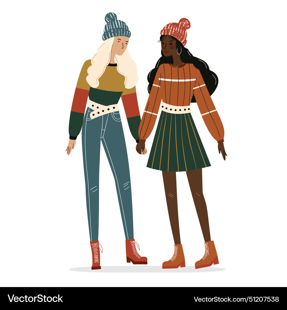 Two women holding hands one blonde Royalty Free Vector Image