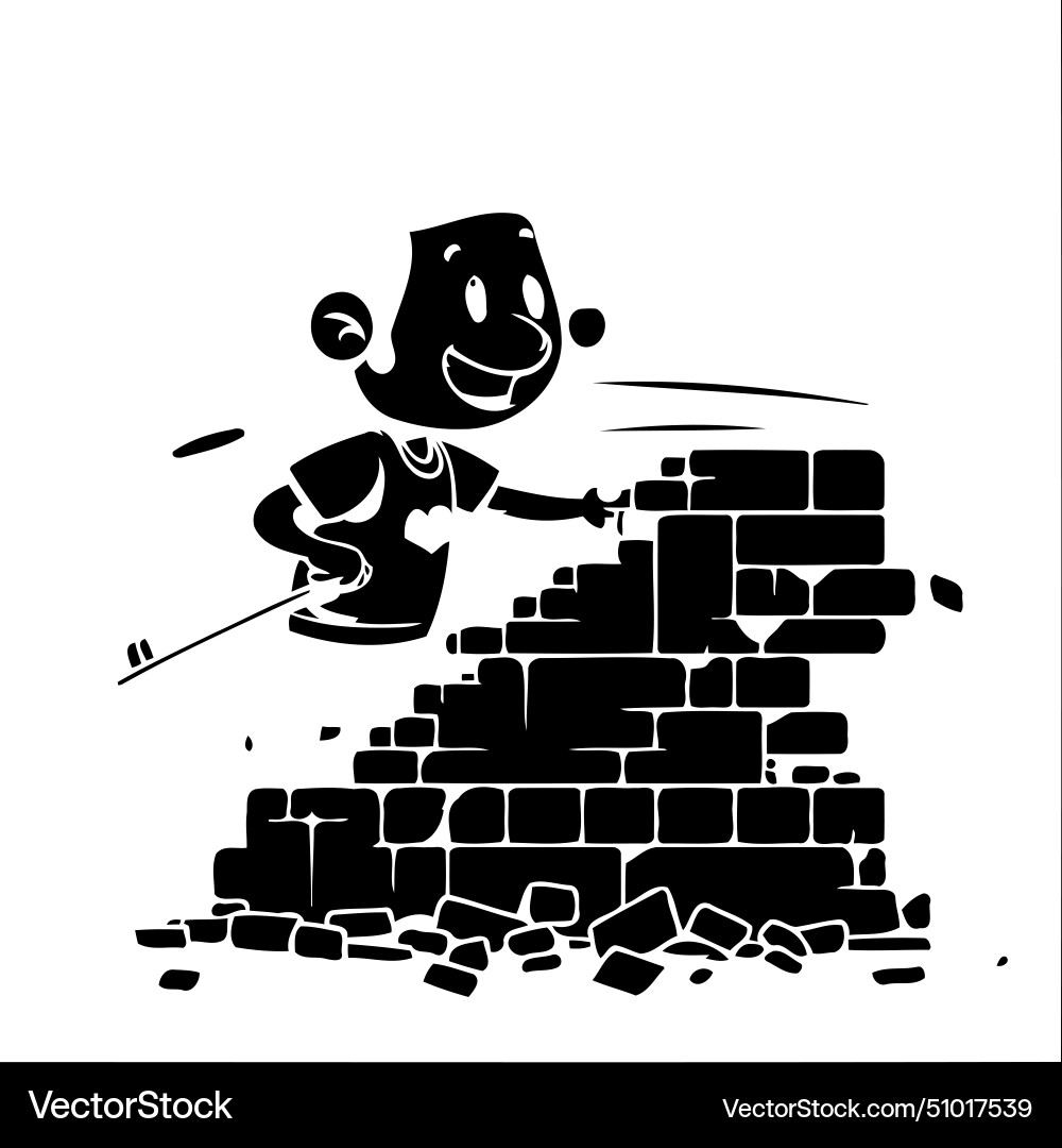 Cartoon boy building a brick wall with hammer Vector Image