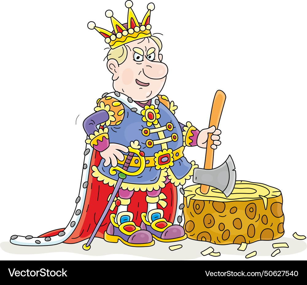 Angry king with an ax and tree stump Royalty Free Vector
