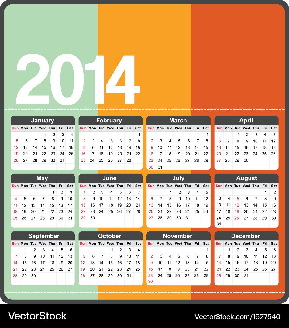 2014 Yearly Calendar Date Box