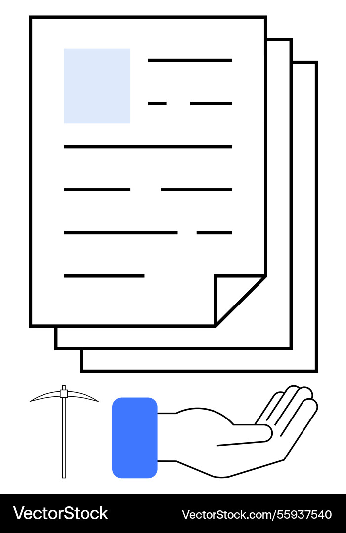 Hand offering documents with a pickaxe symbolizing