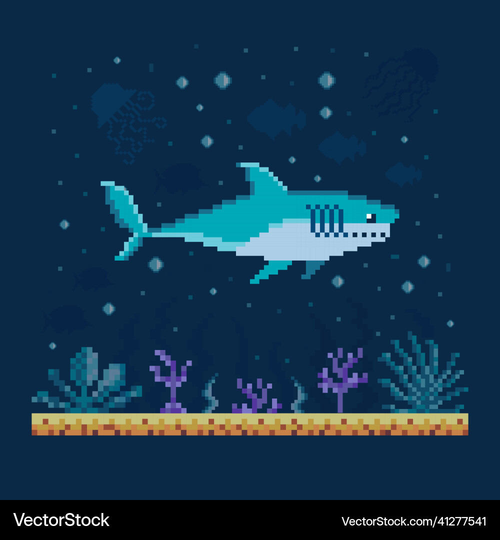 Pixel art shark sails over seabed landscape Vector Image