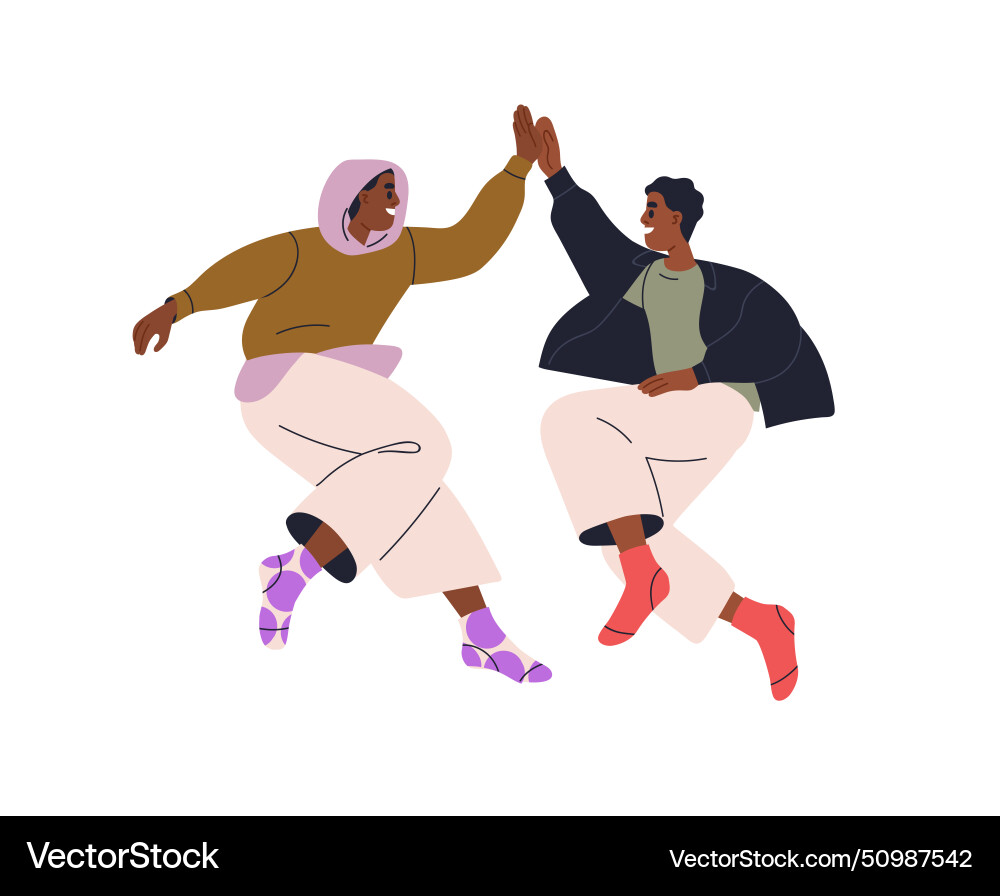 Happy joyful men jumping giving high five Vector Image