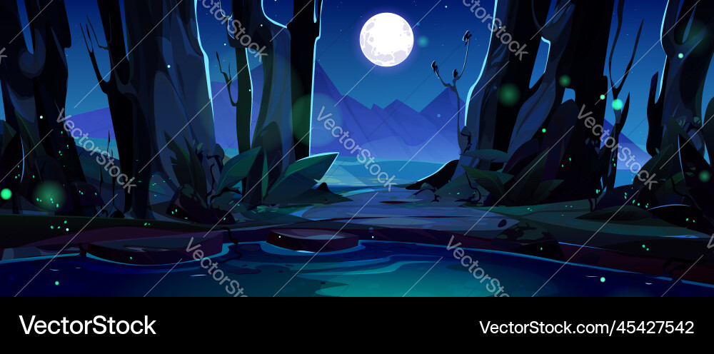 Mountain night valley scene with lake under moon Vector Image