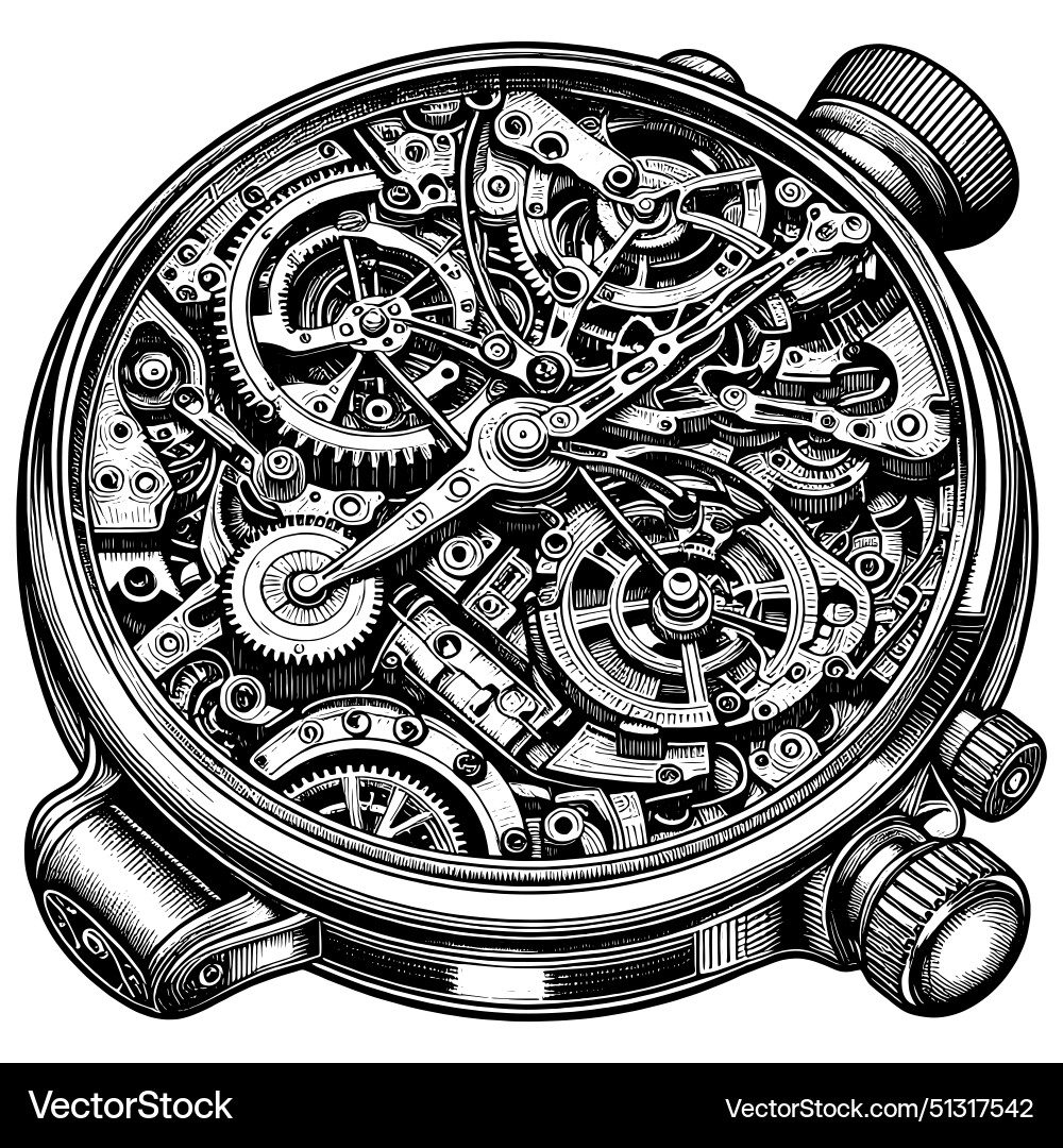 Old wristwatch with a complex mechanism sketch Vector Image