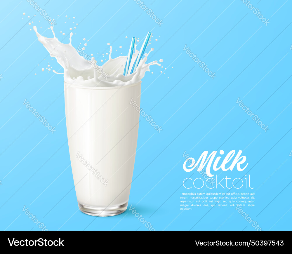 Realistic milk milkshake glass with straw splash Vector Image