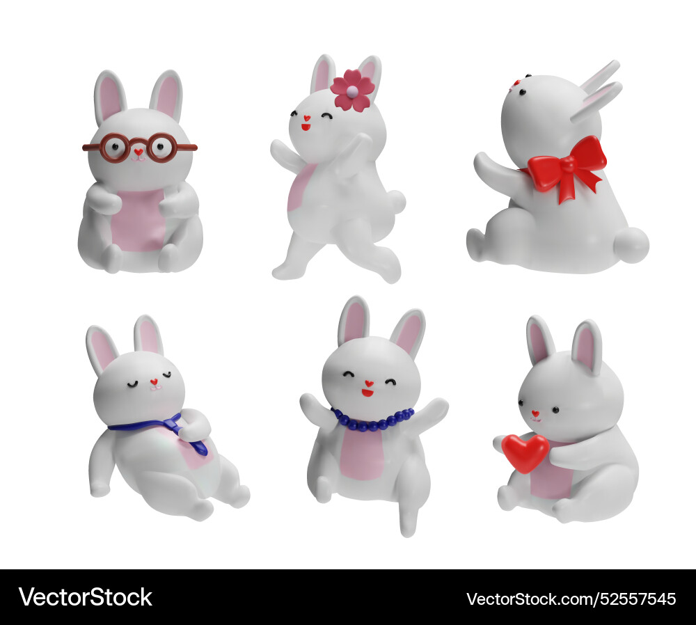 Lovely little rabbit 3d style icons set Royalty Free Vector