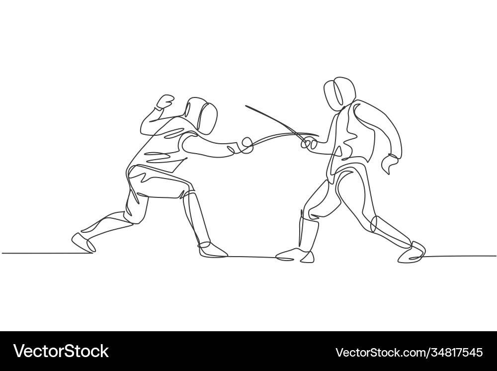 One continuous line drawing two men fencing Vector Image