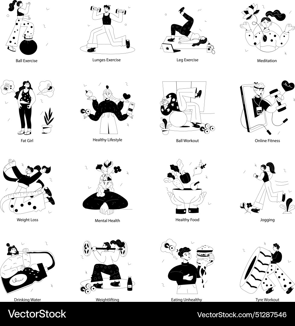 Bundle of fitness training doodle mini Royalty Free Vector